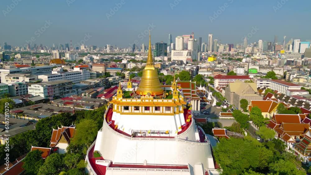 Aerial top view of Golden Mountain pagoda, a buddhist temple or Wat ...