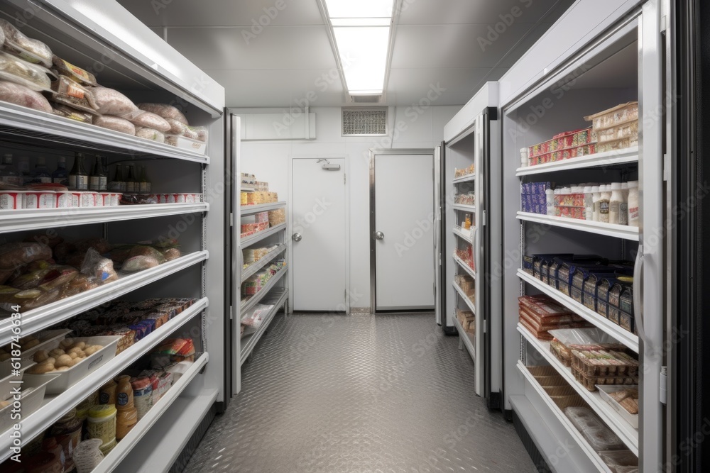 walk-in freezer with shelves stocked with frozen foods and drinks ...