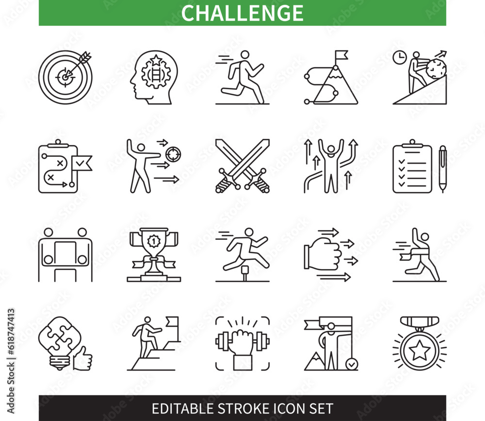 Editable line Challenge outline icon set. Motivation, Target, Potential ...