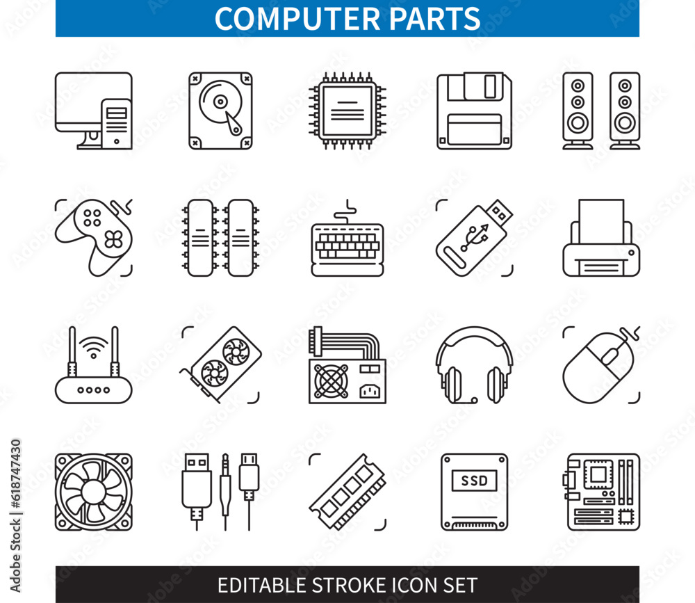Editable line Computer Parts outline icon set. Motherboard, Video Card ...