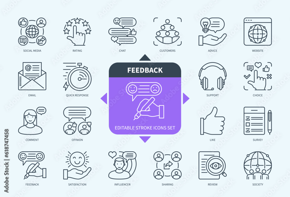 Editable line Feedback outline icon set. Influencer, Social Media ...
