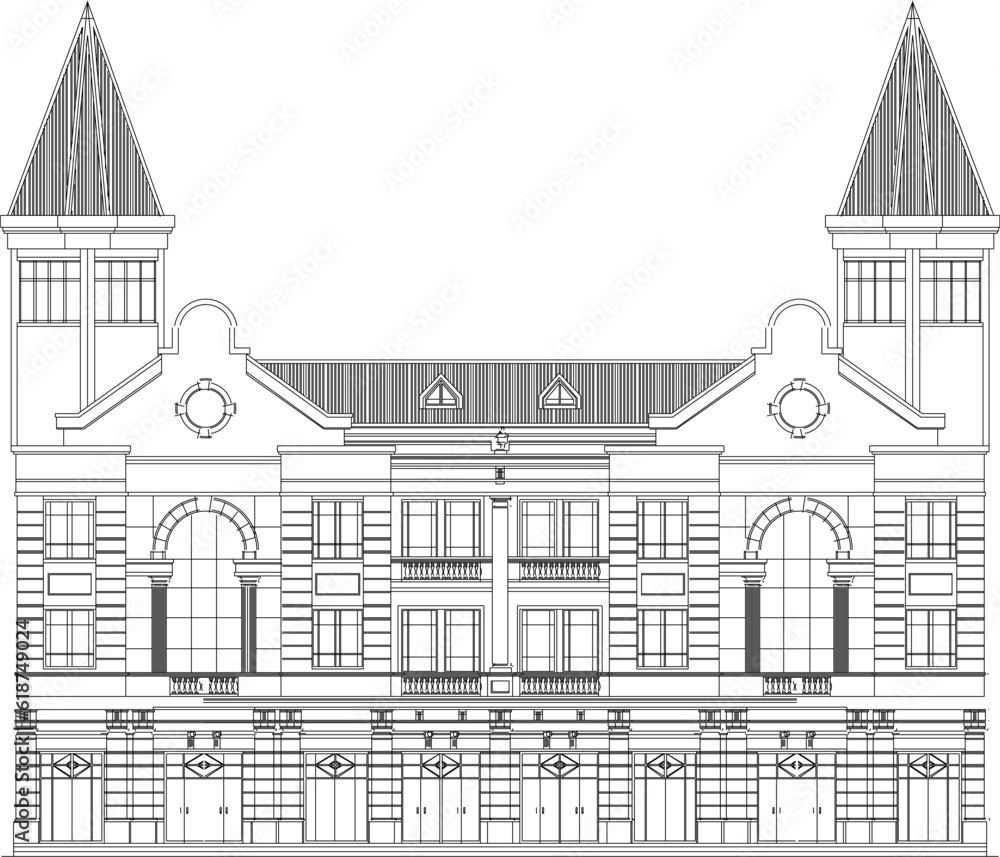 Vector sketch illustration of classic vintage old colonial building ...