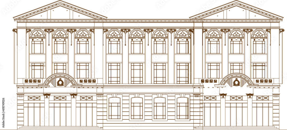 Vector sketch illustration of classic vintage old colonial building ...