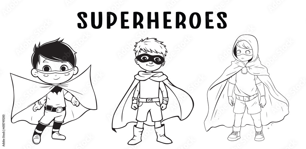 Cute Kid Super hero coloring page. cartoon vector art and illustration ...