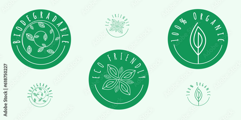 Sustainability sticker, signs. Organic, eco friendly, biodegradable ...