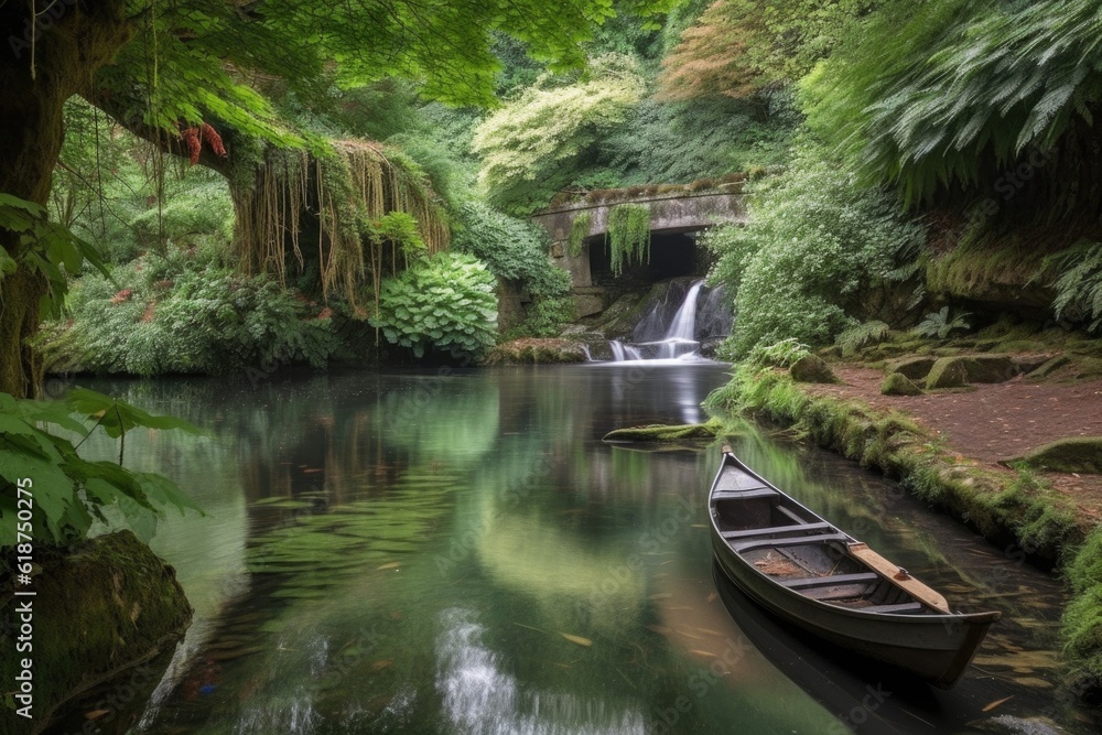 peaceful scene with cascading waterfall and rowing boat in the ...
