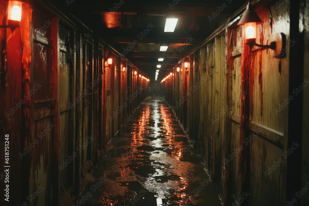 A photograph of an empty and dilapidated hospital corridor, with ...