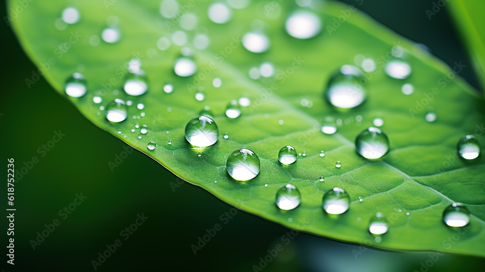 Schöne Wassertropfen funkeln in der Sonne auf Blättern im Sonnenlicht, Makro. Großer Tröpfchen ...