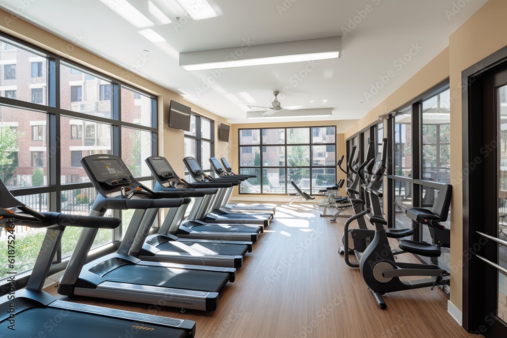 Poster fitness center, with row of treadmills, stair climbers, and ...
