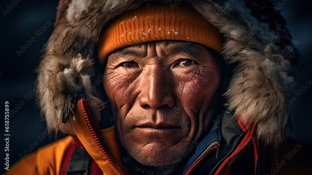 Portrait of a Nepalese citizen. Sherpa, professional helping climbers ...