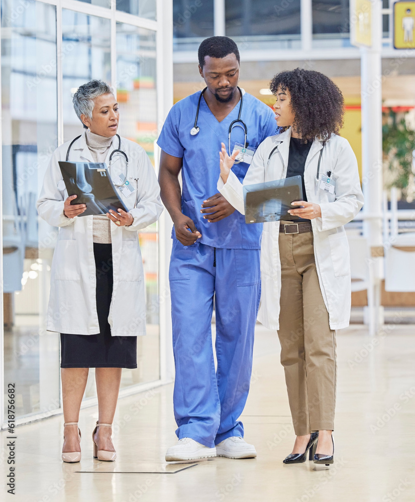 Medical, consulting and xray with people in hospital for advice ...