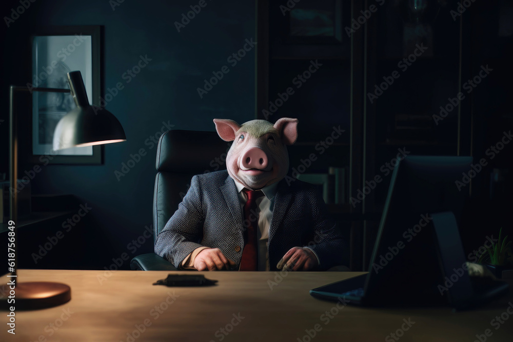 Proud pig in business suit sitting at desk in office chair Stock ...