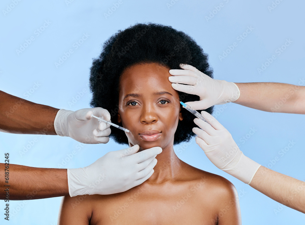 Black woman, facial injection and beauty in portrait, cosmetic ...