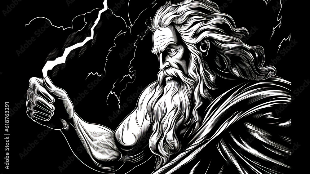 Engraved portrait of Zeus king of the gods on Mount Olympus in Greek ...