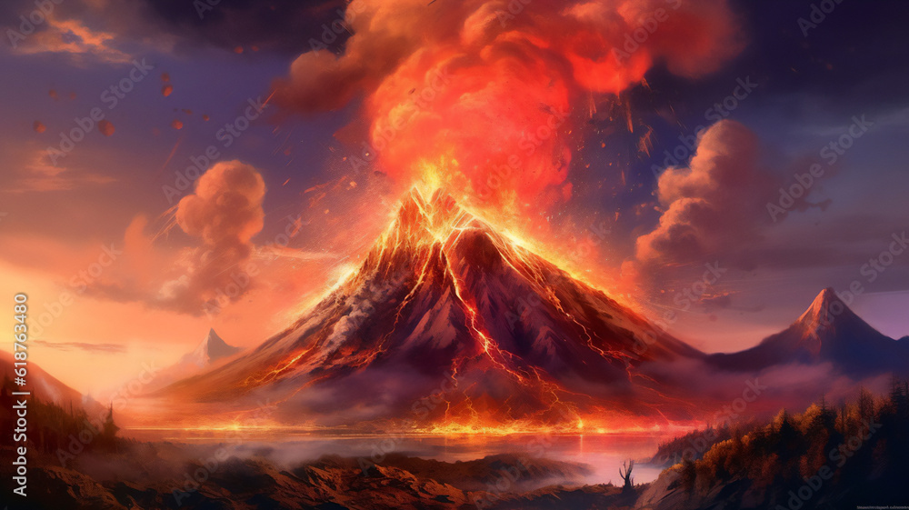 Volcano eruption creating an explosive mix of volcanic ash and molten ...