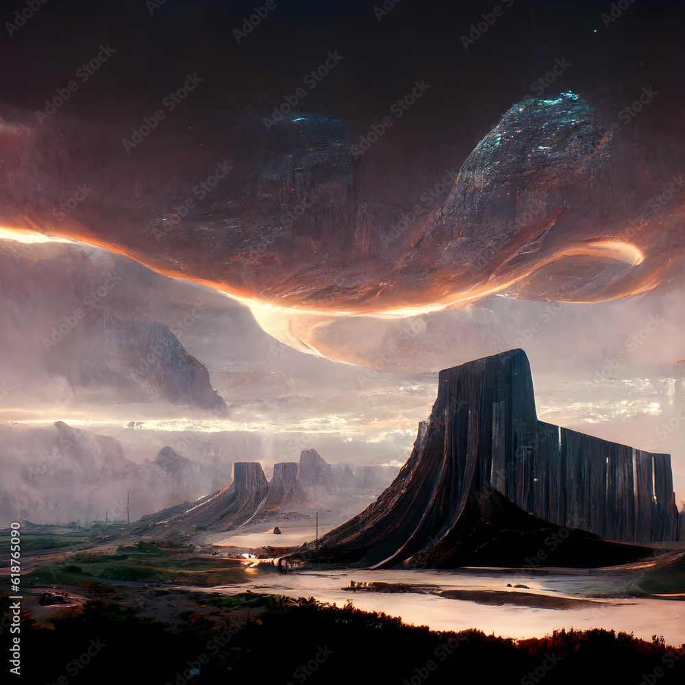 flying alien architecture in a beautiful alien landscape fantasy world ...