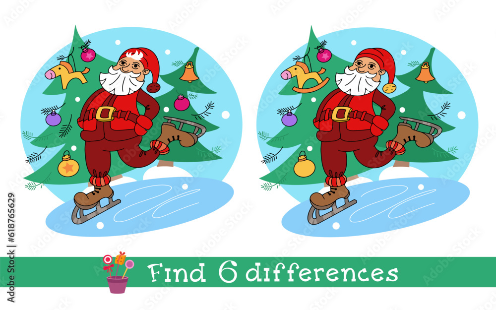 Find 6 differences. Puzzle game for children. Cute Santa skating around ...