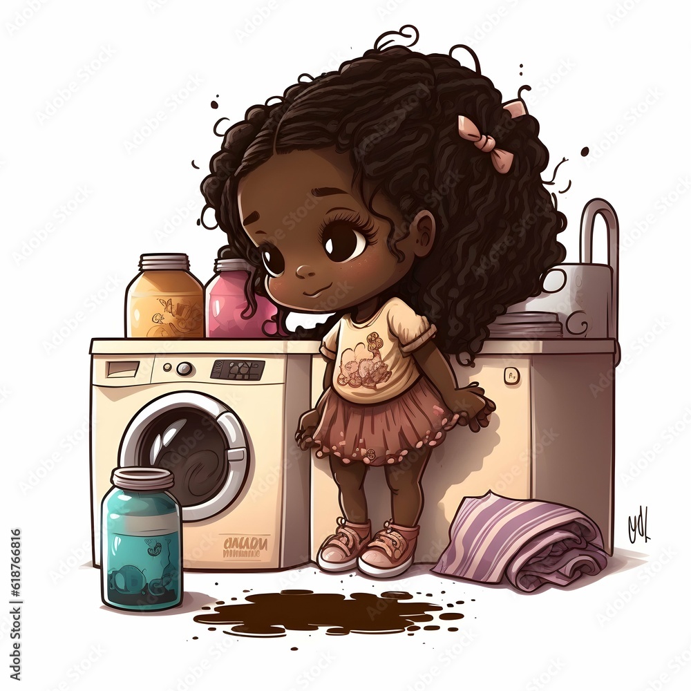 dark brown skin chibi girl washing clothes doing laundry happy cartoon ...