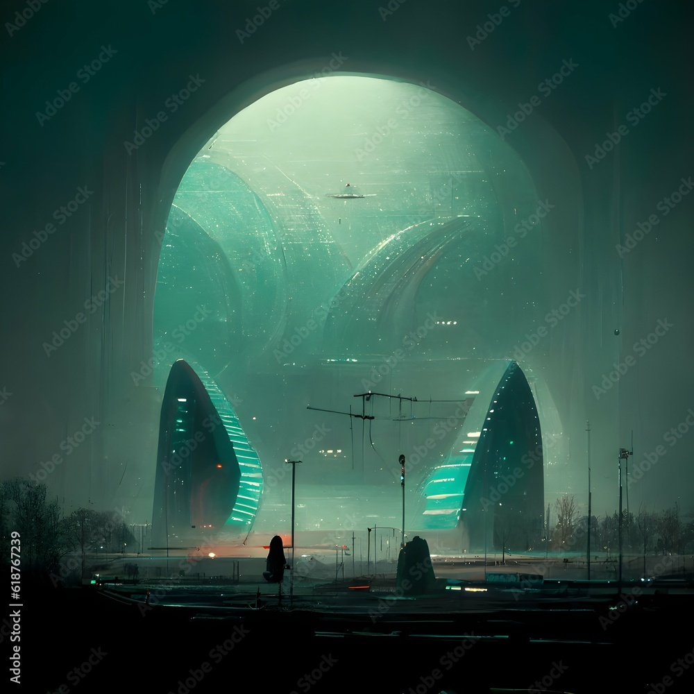 alien ship garden green walls humid misty environment aliens in ...