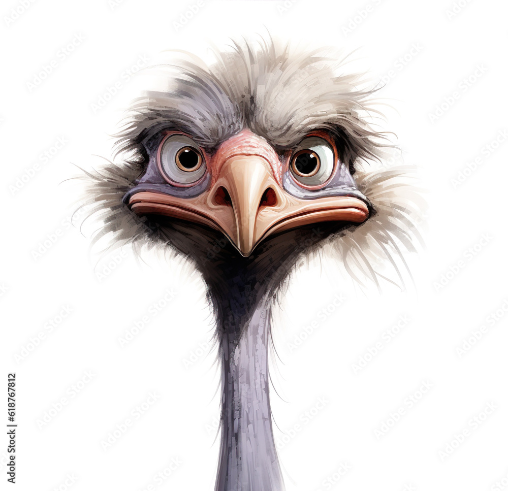 Funny ostrich bird cartoon comic drawing character portrait isolated on ...