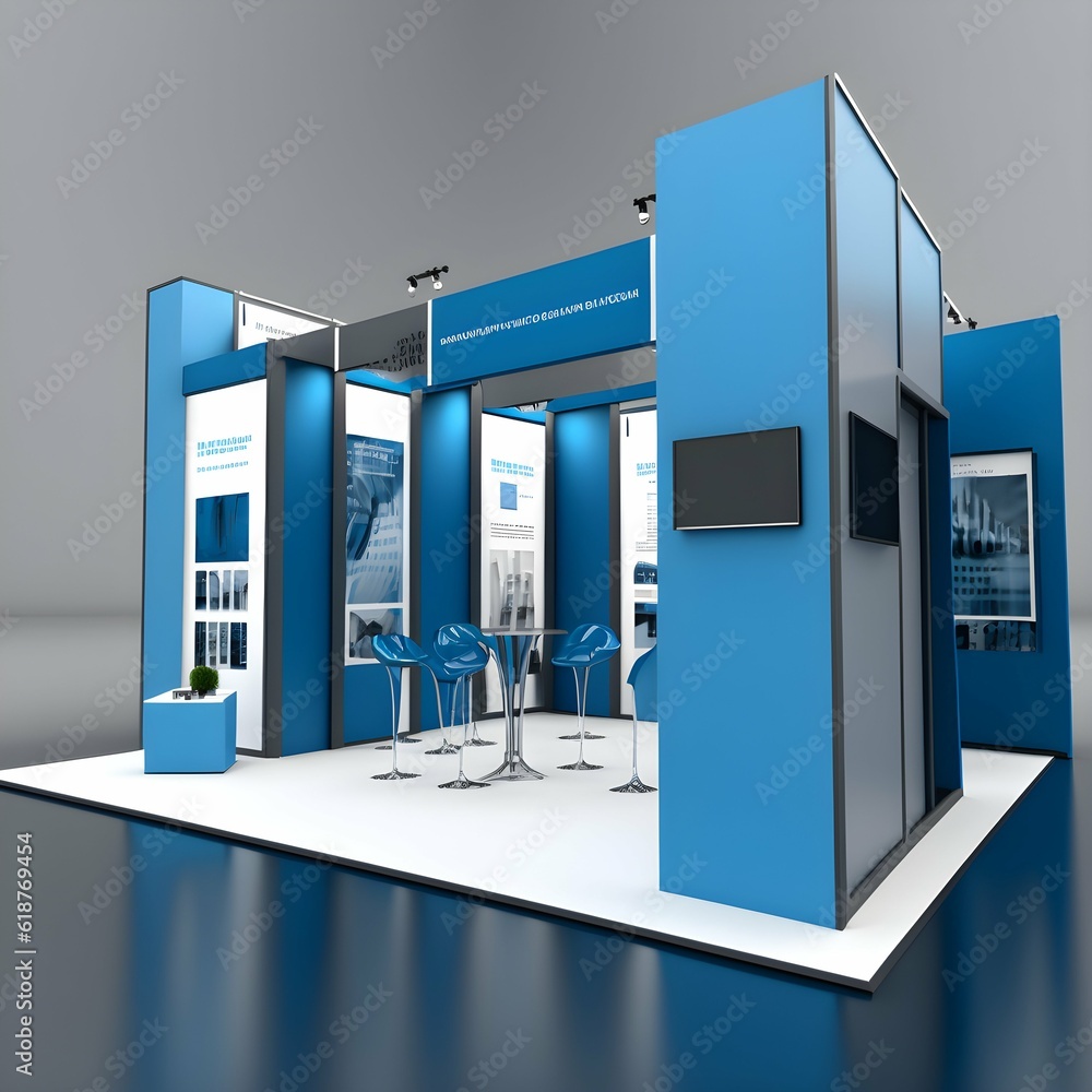 exhibition fair huge stand darker blue color realistic reflections 8k ...