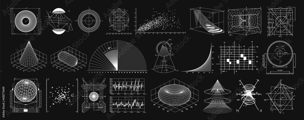 Wireframe of geometric shapes. 3D retro futuristic blueprints of ...
