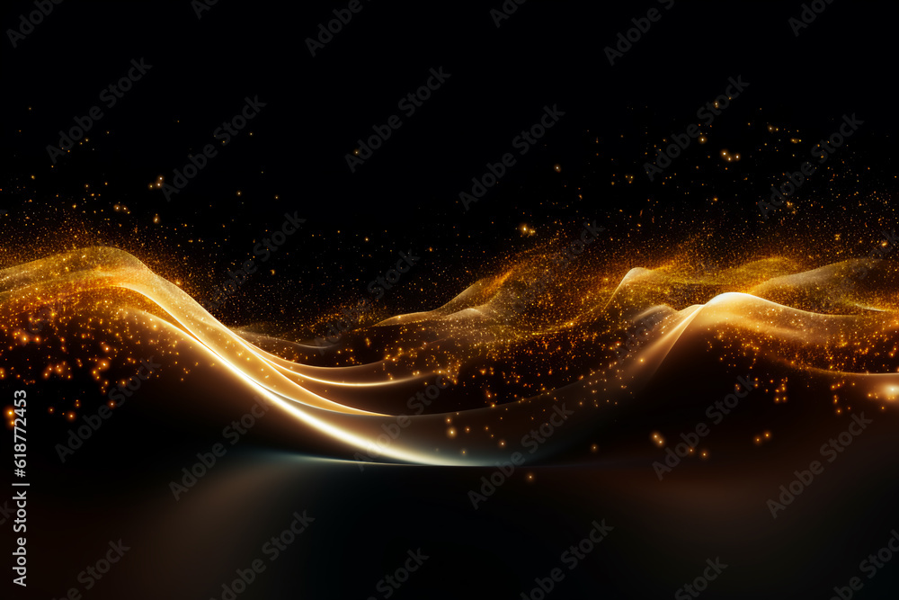 Digital Gold Particles Wave and light abstract background with shining ...