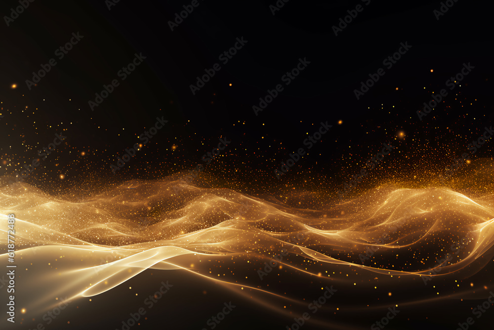 Digital Gold Particles Wave and light abstract background with shining ...