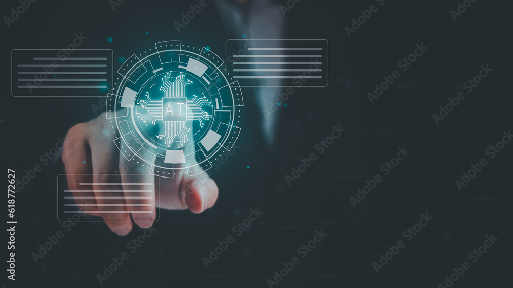 Businessman hand pointing finger to virtual screen to press AI button ...