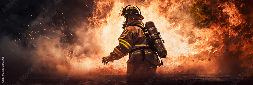 fireman using water and extinguisher to fighting with fire flame in an ...