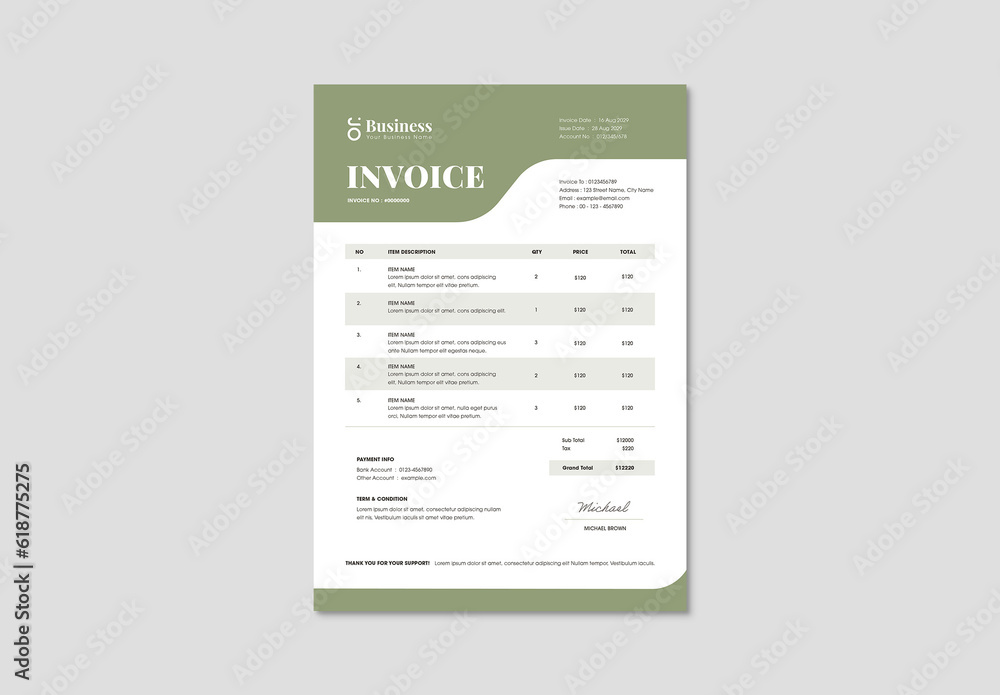 Invoice Template in Olive Green Stock Template | Adobe Stock