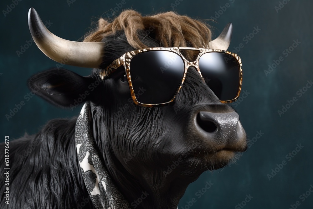 Funny black bull in sunglasses in front of black background, humor and ...