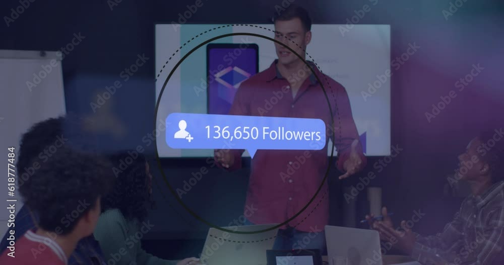 Animation of notification bar, numbers, followers text, diverse man ...