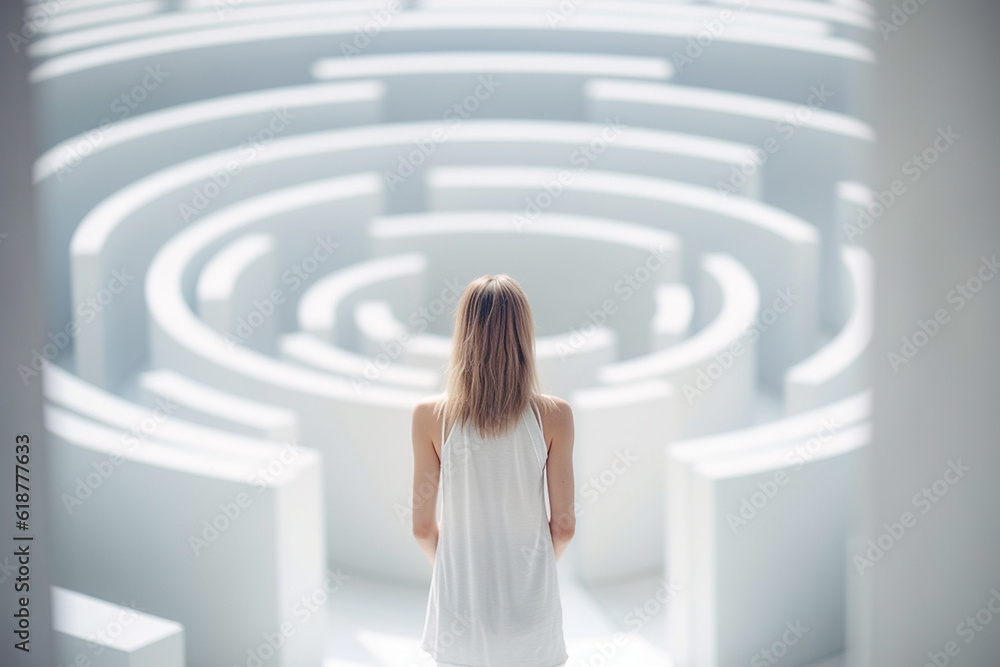 Woman lost in labyrinth. Troubled woman finding way out, Confused mind ...