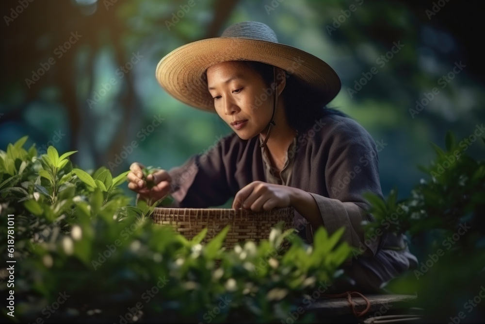 Harvesting tea at a tea plantation Stock Illustration | Adobe Stock