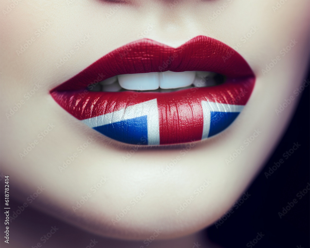 Beautiful female lips painted in the colors of the English flag on a ...