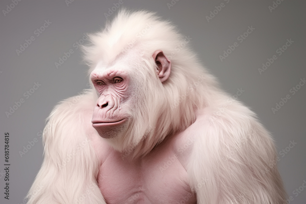 An albino gorilla with pink skin and white fur. Portrait of a rare ...