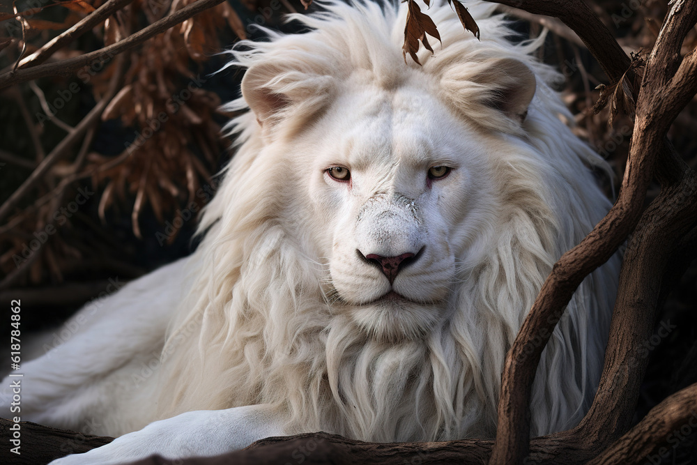 Albino lion with white fur lying in the forest and looking at the ...