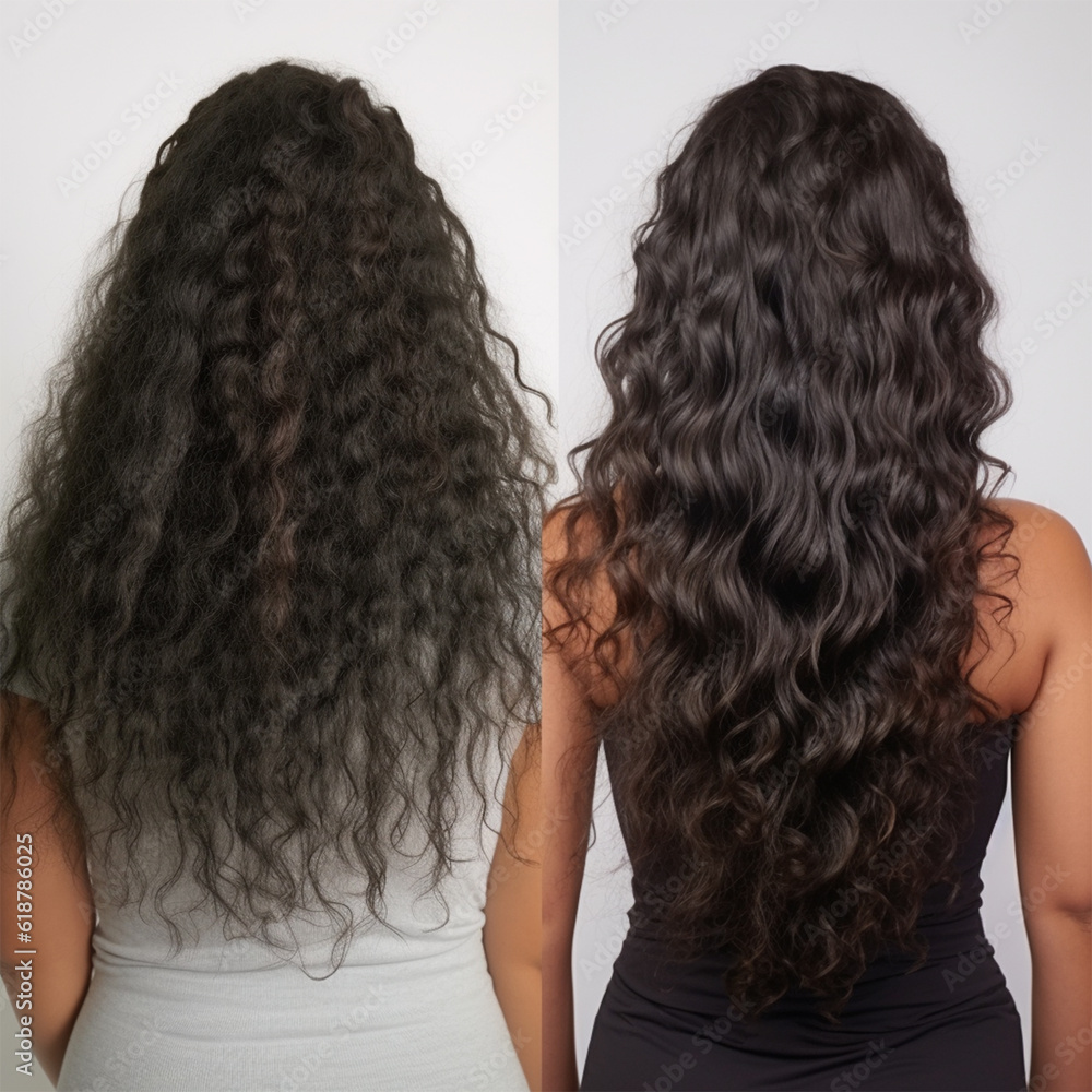 young woman with dark and curly hair .back view. example before and ...