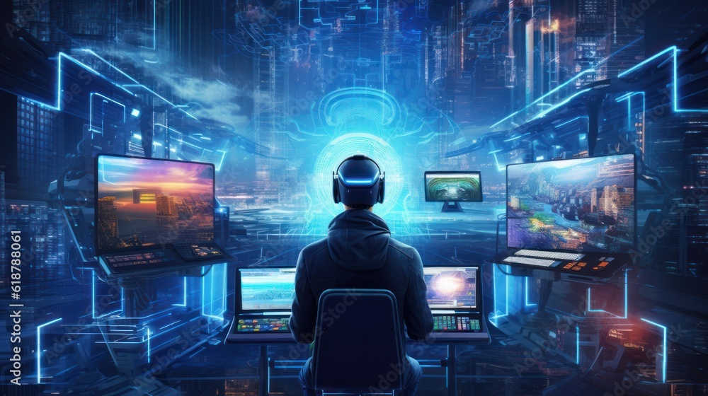 Depict a skilled cyberpunk hacker in a futuristic setting, surrounded ...