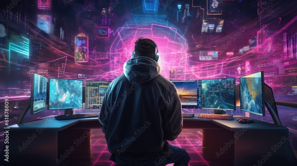 Depict a skilled cyberpunk hacker in a futuristic setting, surrounded by holographic interfaces ...