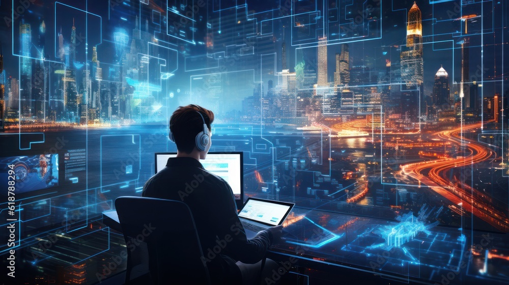 Depict a skilled cyberpunk hacker in a futuristic setting, surrounded by holographic interfaces ...