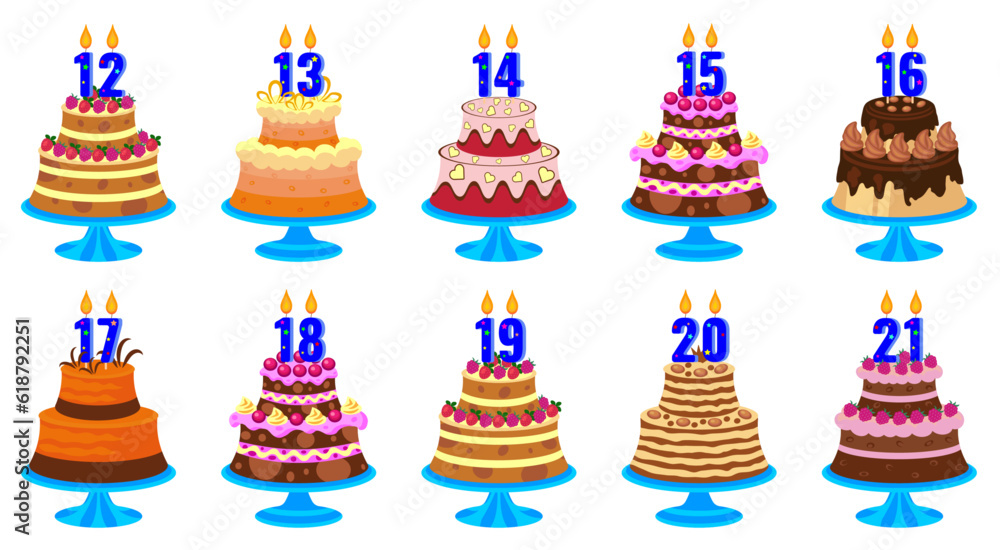 Cartoon birthday cakes with candles Stock Vector | Adobe Stock