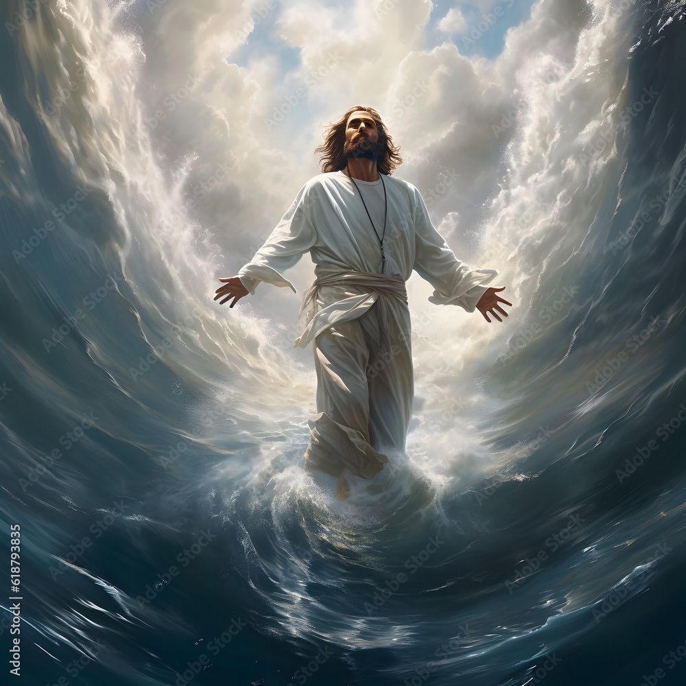 Jesus Christ walking on water with huge waves. AI generated Stock Photo ...