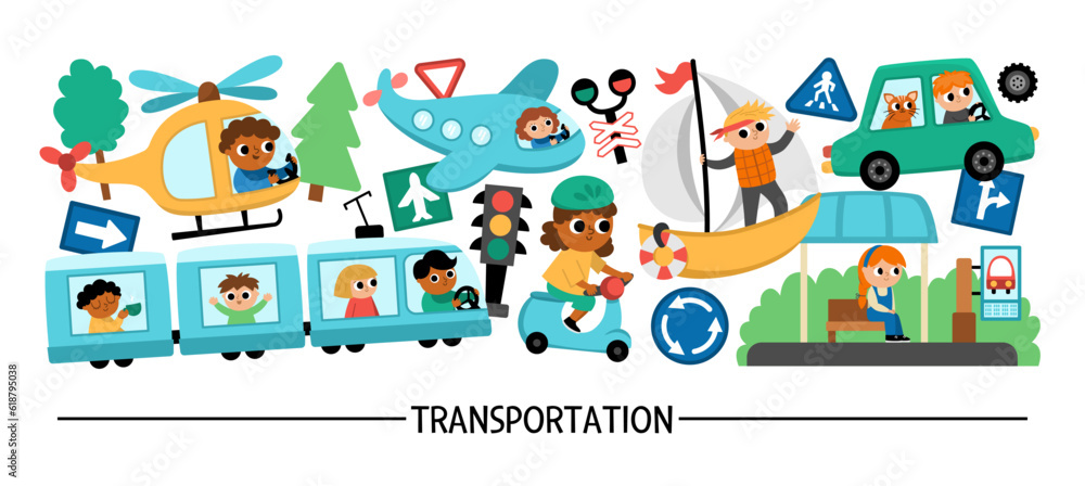 Vector transportation horizontal set with different kinds of transport ...