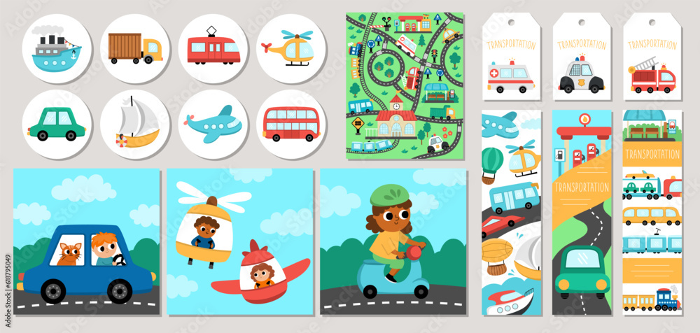Cute transportation cards set with bus, car, boat, truck. Vector ...