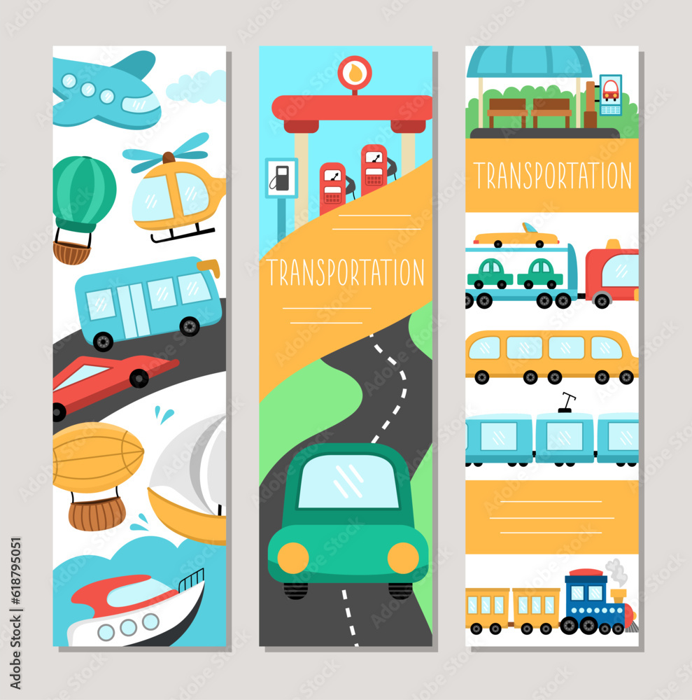 Cute transportation vertical cards set with bus, car, boat, truck ...