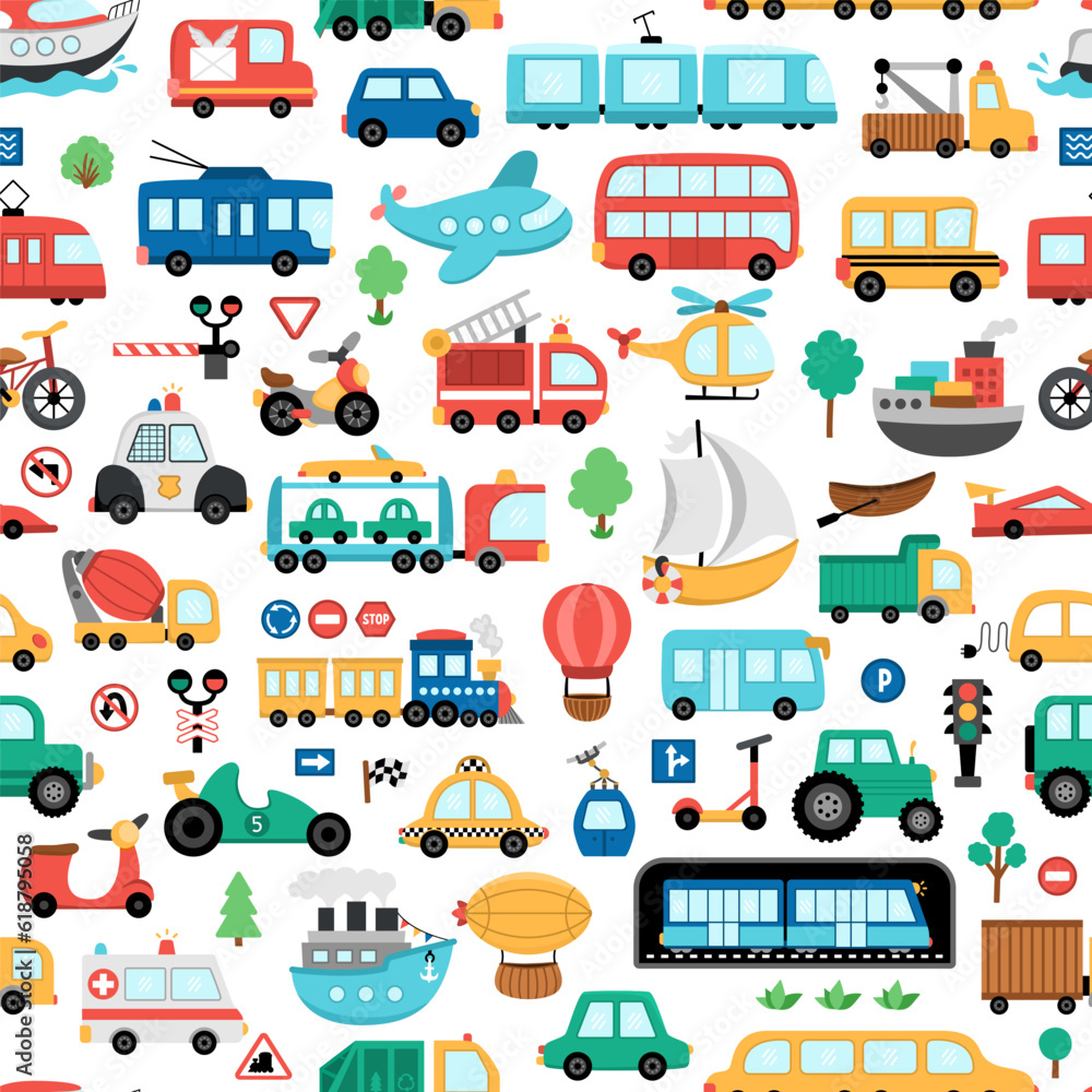 Vector transportation seamless pattern. Funny water, land, air underground transport repeat ...