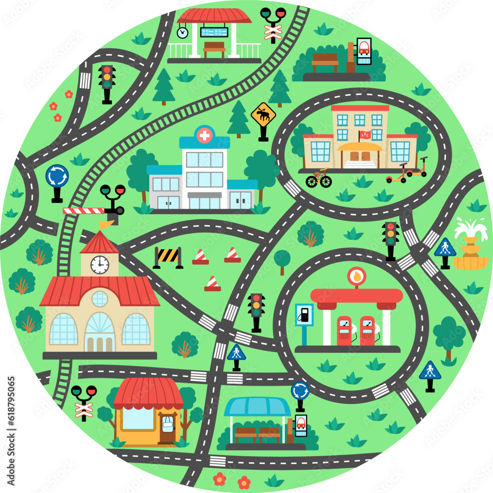 City transport map. Round shaped background with railway, roads ...
