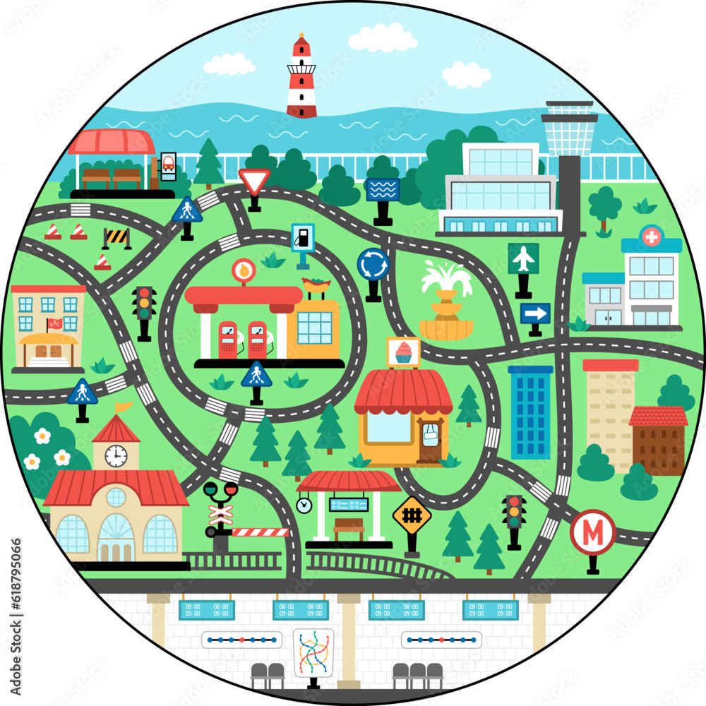 City transportation map. Round shaped background with air, water, land ...